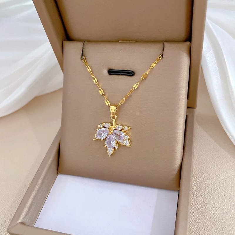 Gold Plated Zirconia Maple Leaf Necklace & Earring Jewelry Set - NurFatuz